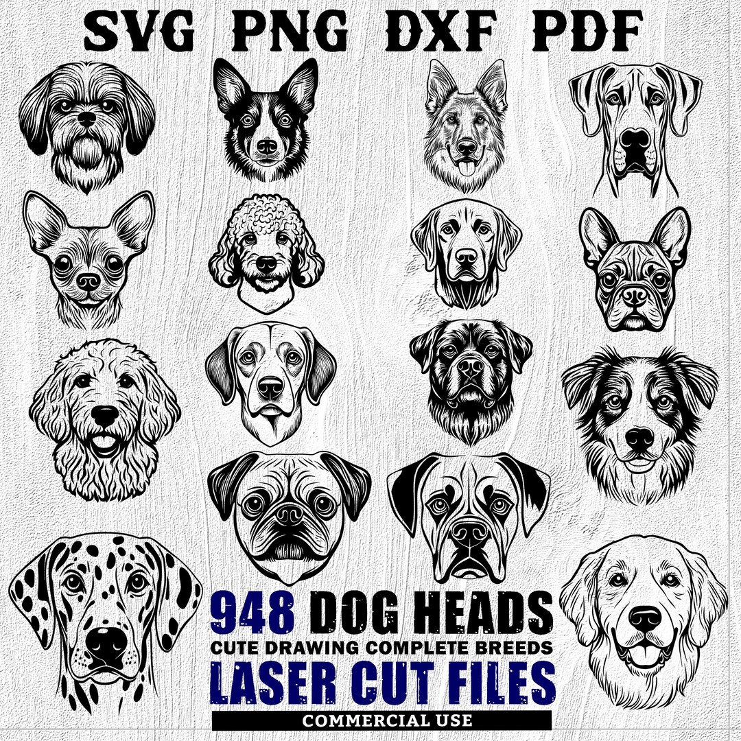 Laser Cut Files 948 Dog Heads Cute Drawing Complete Breeds Cuttable ...