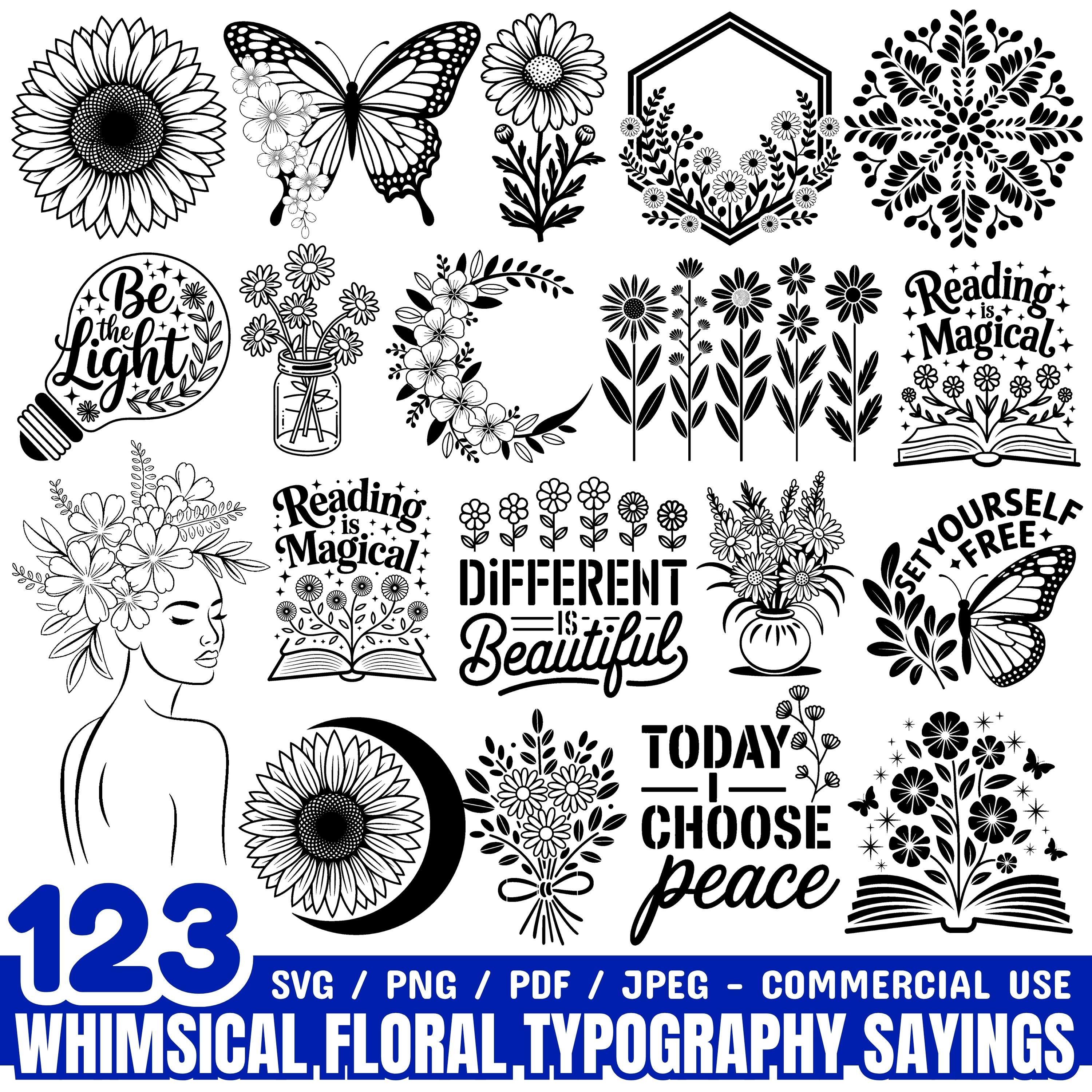 Floral Typography SVG Bundle: Whimsical Cricut Cut Files (commercial ...