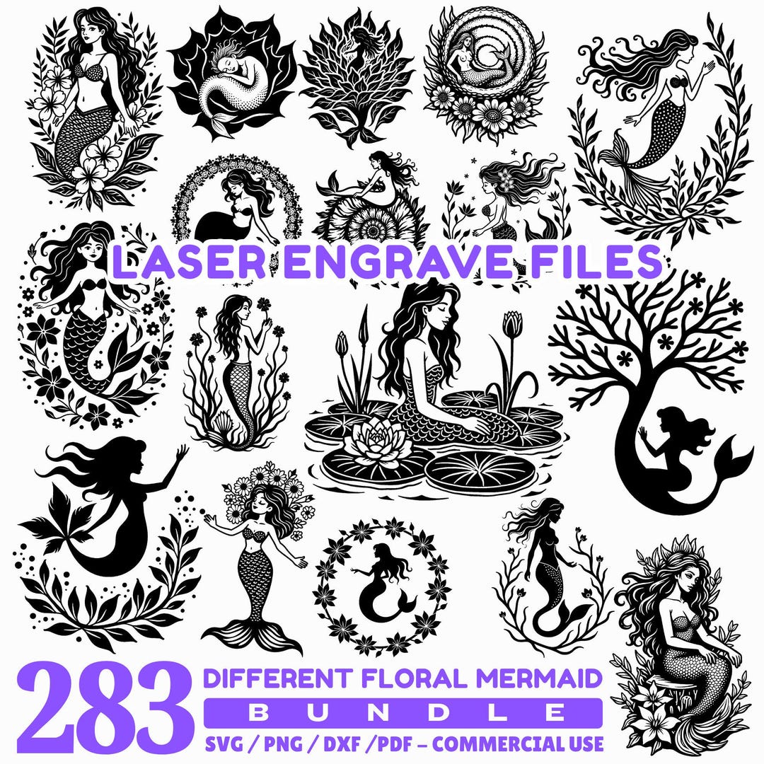 Floral Mermaid Laser Engrave Files: SVG, PNG, PDF Bundle - Etsy