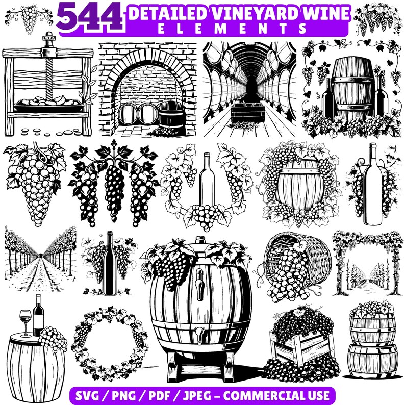 Vineyard Wine Elements: Detailed SVG PNG PDF Files (commercial Use) - Etsy
