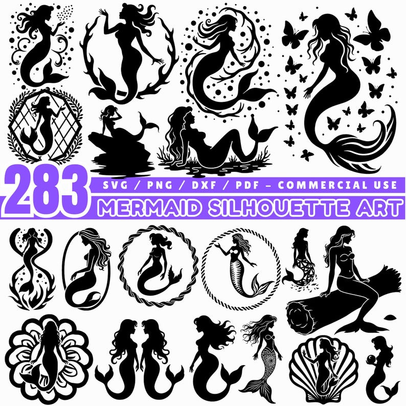 Mermaid Silhouette Art Variations Svg Png Pdf & Dxf Bundle Instant ...