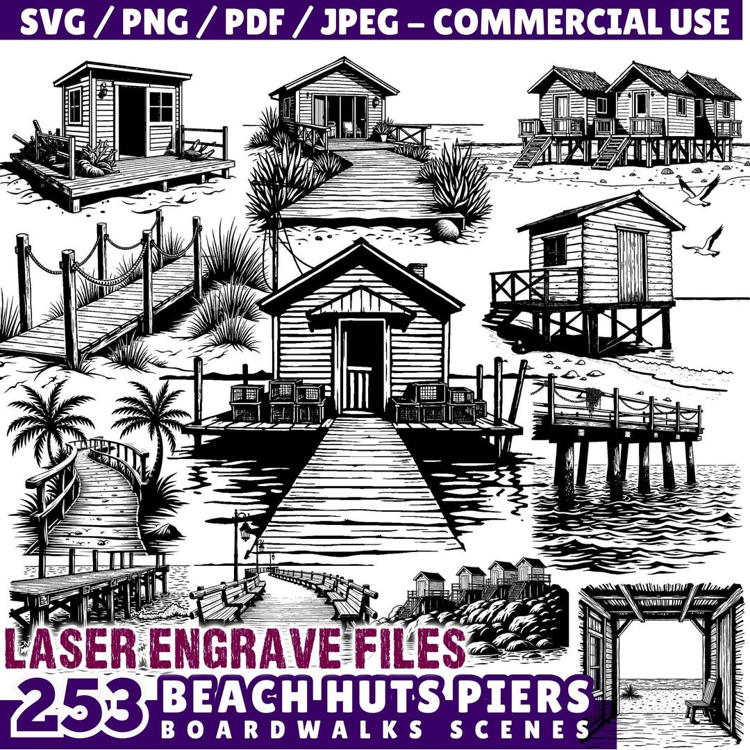 Beach Huts Laser Engrave Files: Boardwalk Scenes SVG PNG PDF ...
