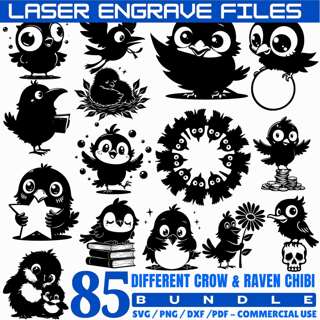 Crow and Raven Chibi Laser Engrave Files: SVG, PNG, PDF (commercial Use ...
