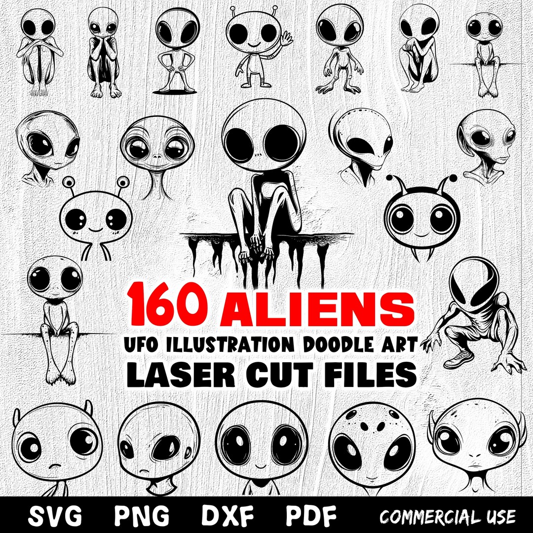 Laser Cut Files Ufo Alien Illustration Bundle Doodle Style Cuttable ...