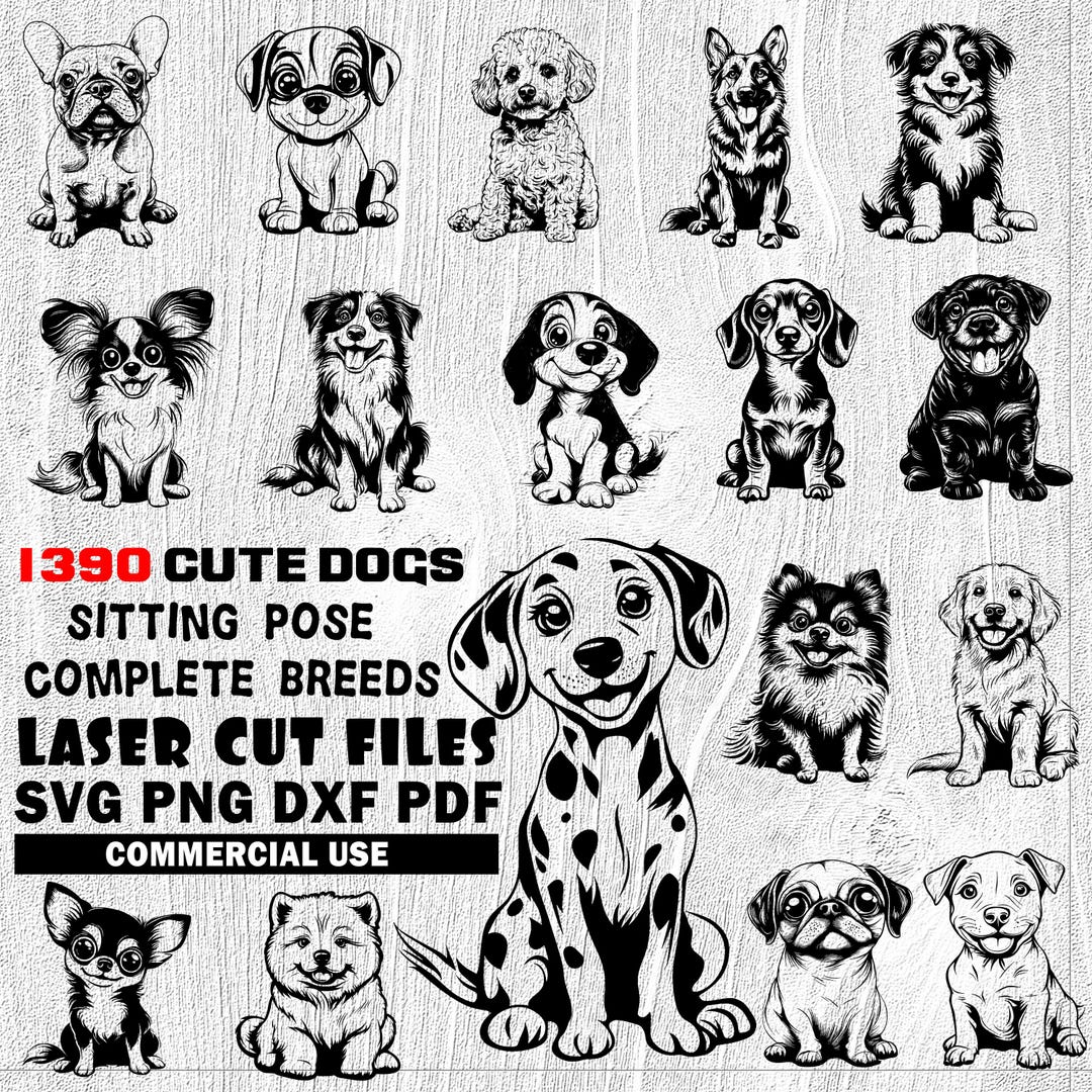 Laser Cut Files Cute Dogs Sitting Pose Cute Version Complete Breeds ...