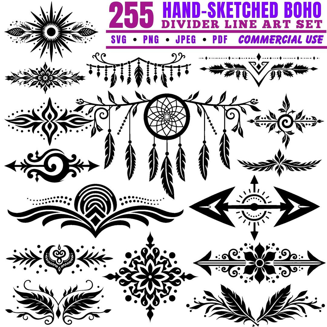 Boho Divider Line Art Set: Hand-sketched SVG, PNG, PDF Files ...