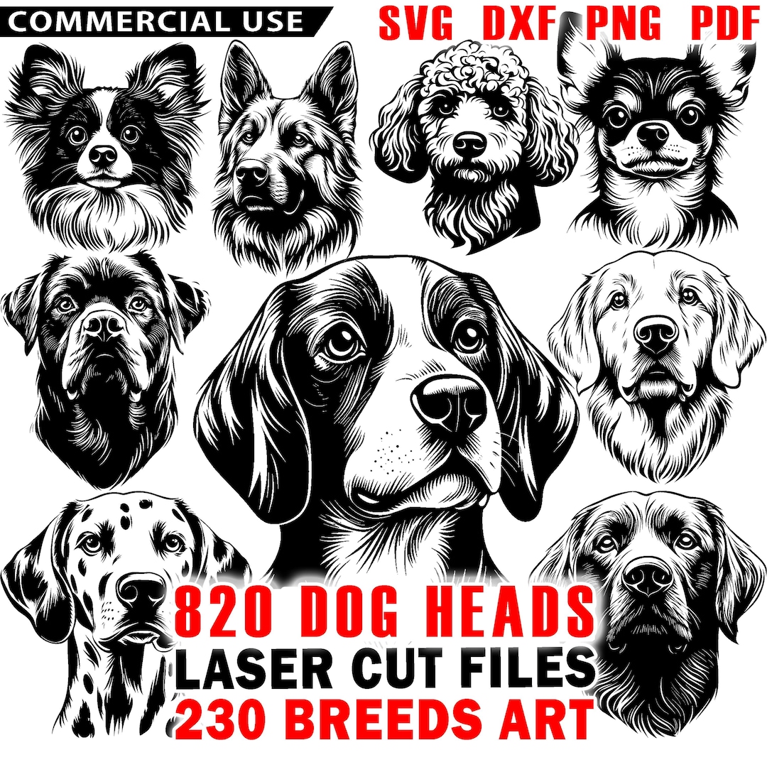 Laser Engraving Files 820 Dog Heads 230 Breeds Art Bundles Svg Dxf Pdf ...
