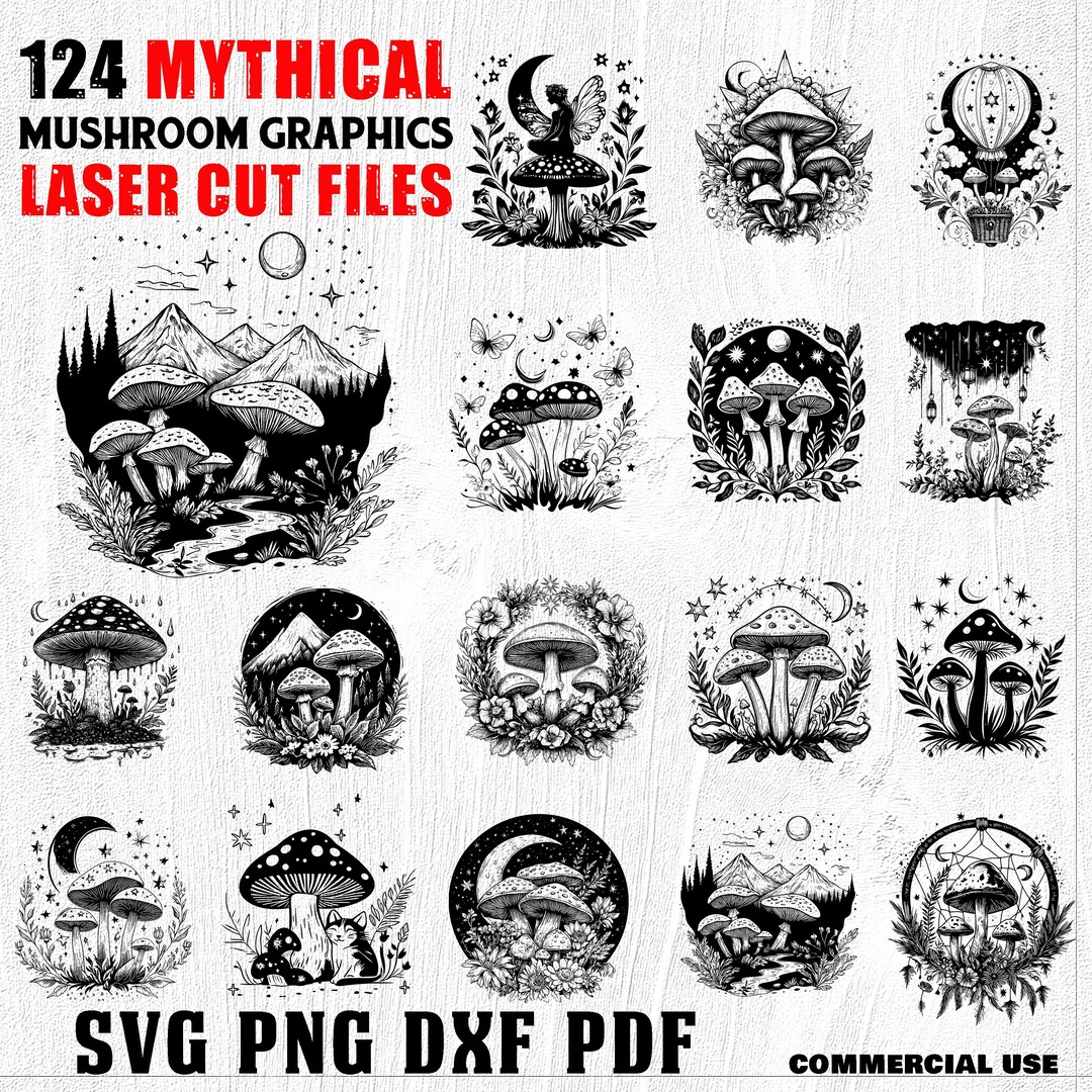 Laser Cut Files Mythical Mushroom Graphics Cuttable Bundle Svg Dxf Pdf ...