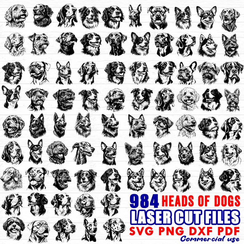 Dog Breeds Laser Cut Files: 984 Dog Heads (svg, Dxf, Pdf, Png) (digital ...
