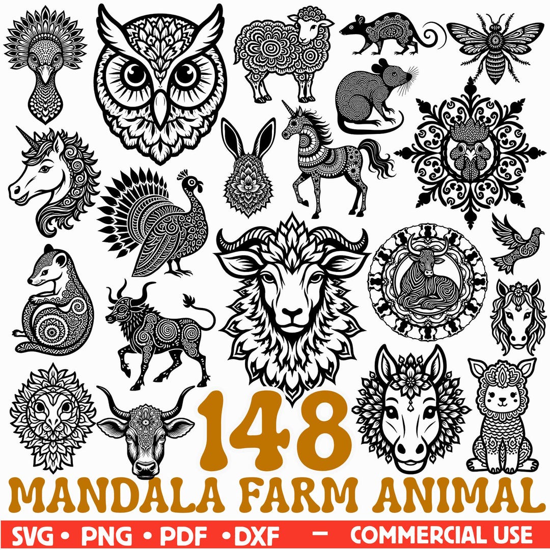 Mandala Farm Animals Svg Png Pdf & Dxf Bundle for Cricut Crafting ...