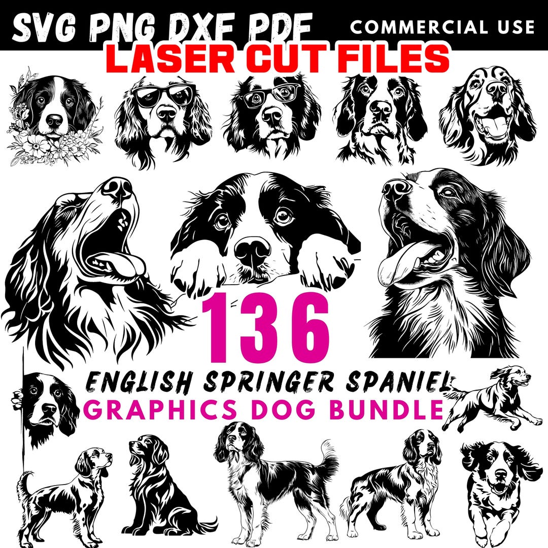 Laser Cut Files English Springer Spaniel Dog Bundle Graphics Cuttable ...