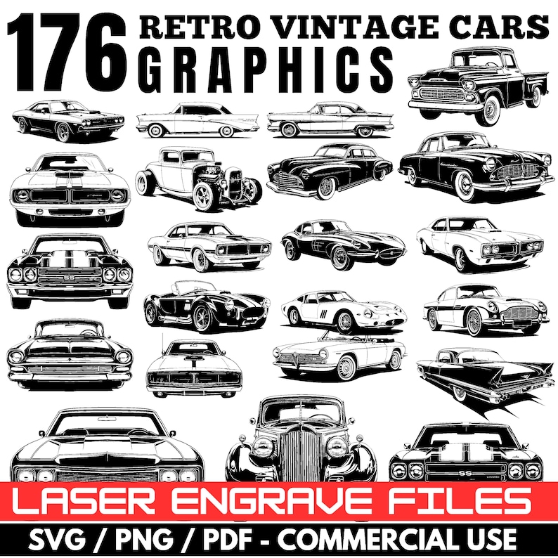 Retro Car Laser Engrave Files: Vintage Graphics Bundle (SVG, PNG, PDF ...
