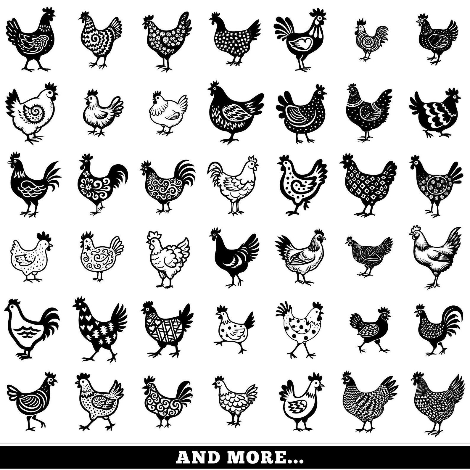 Folk Art Chicken Line Drawing Set: SVG, PNG, PDF Files (commercial Use ...