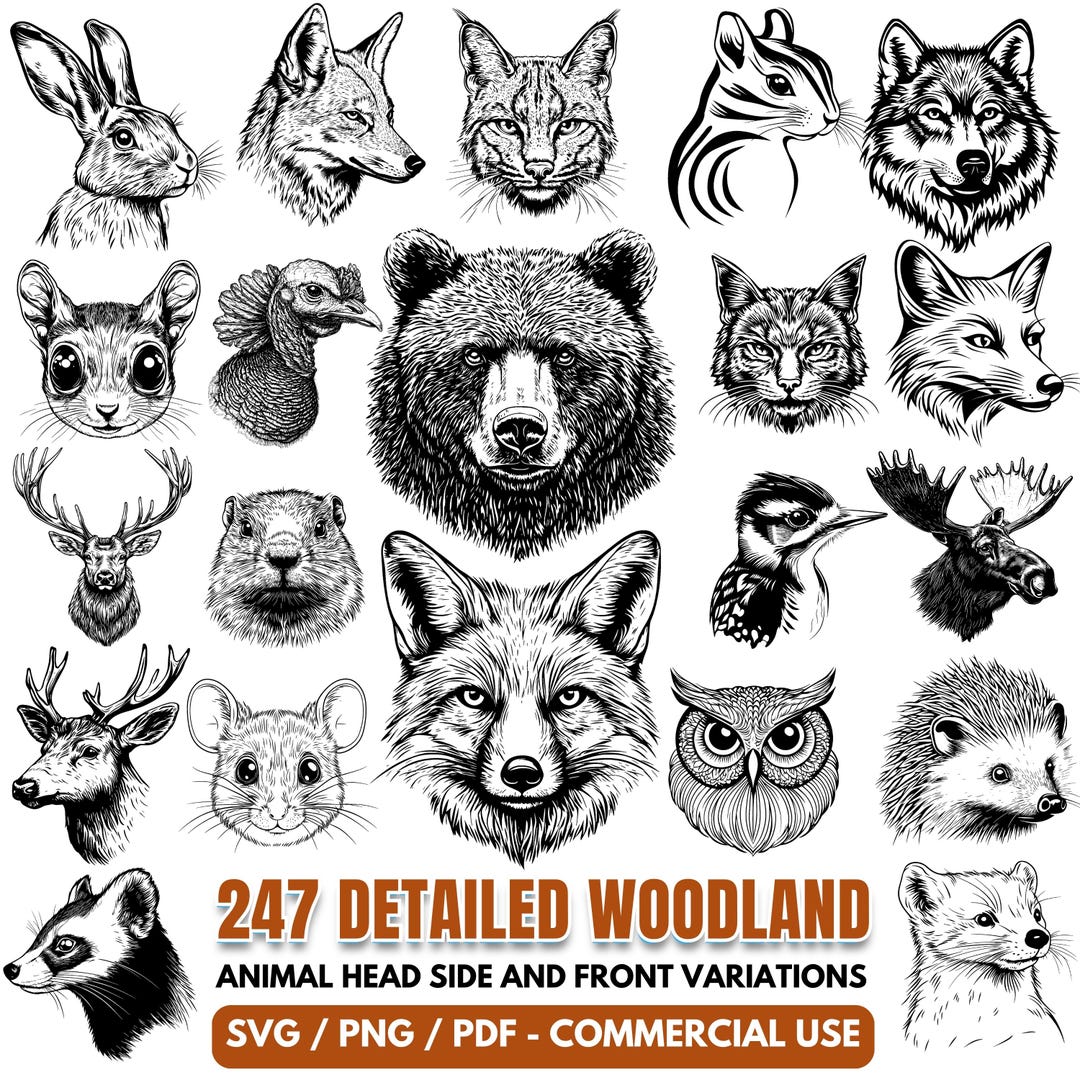Woodland Animal Head SVG Bundle: Cut Files for Commercial Use (PNG, PDF ...