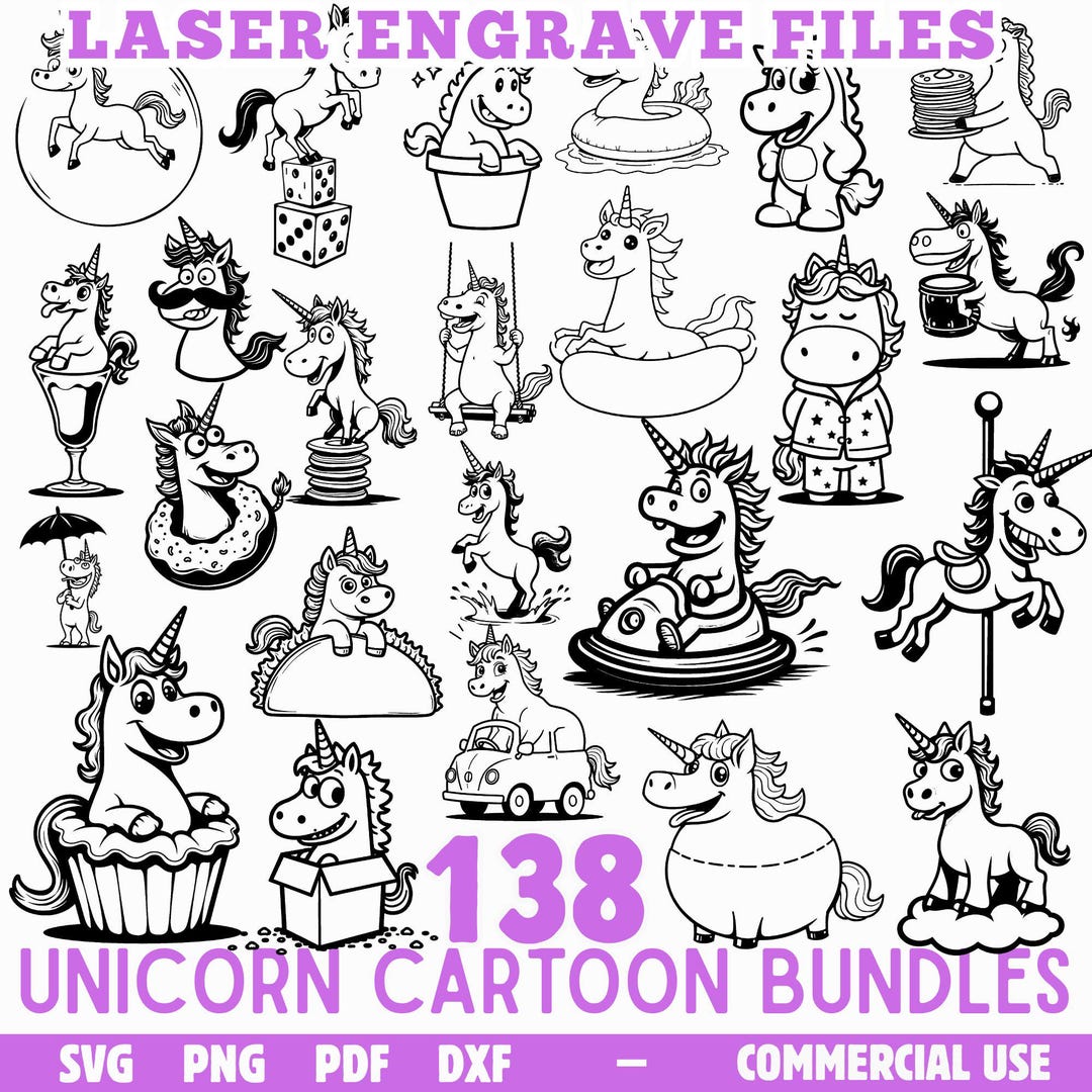 Laser Engrave Files Cartoon Unicorn Svg Png Pdf & Dxf Bundle for Etched ...