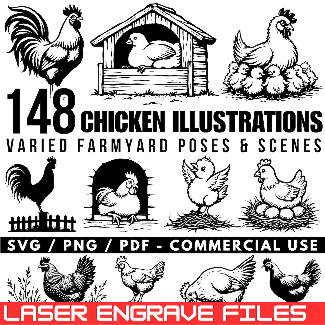 Chicken Illustrations Laser Engrave Files: Farmyard SVG, PNG, PDF ...