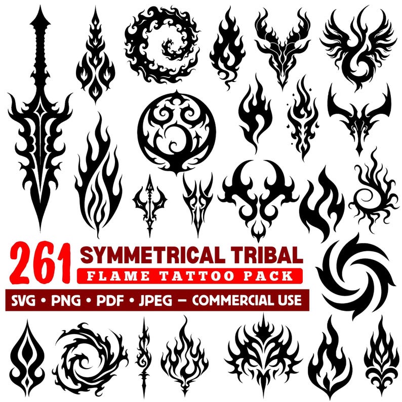 Tribal Flame Tattoo Design: Symmetrical SVG PNG PDF Files (commercial ...
