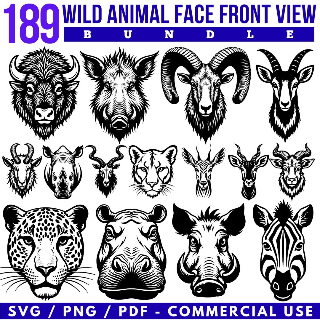 Wild Animal Face Front View Bundle Svg Png Pdf Files Bundle Cricut Cut ...