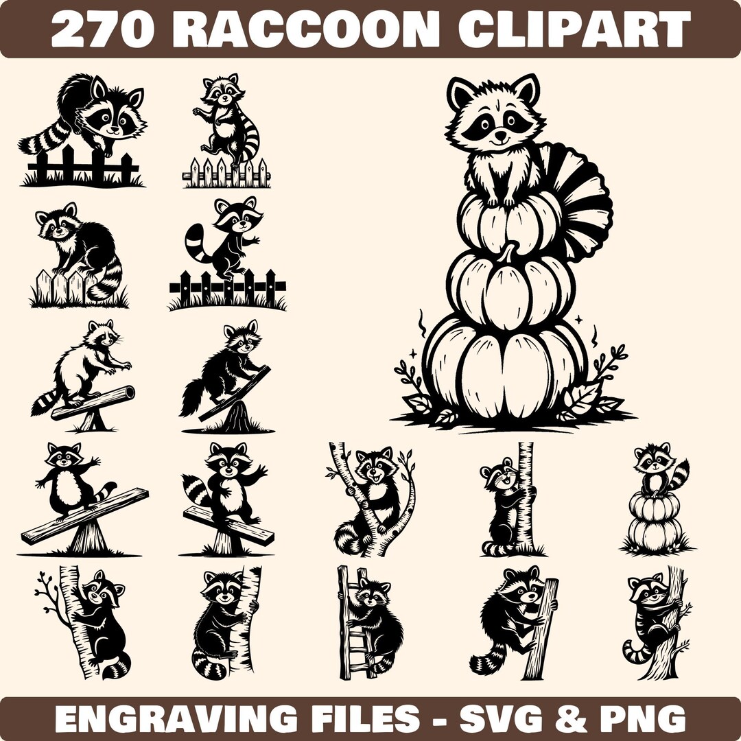 Woodland Raccoon Clipart Set: Laser Engrave SVG PNG PDF Files ...