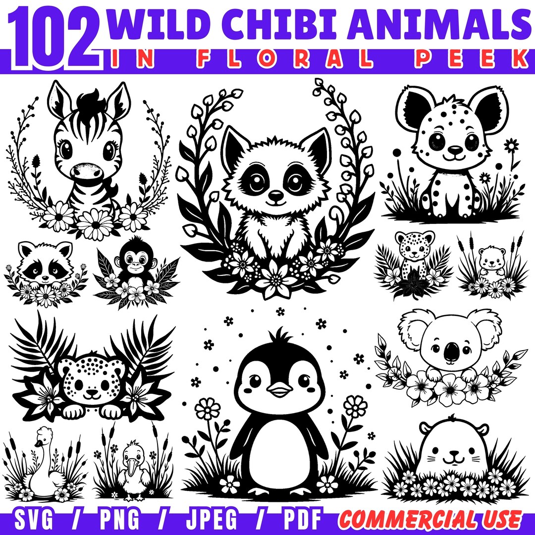 Chibi Animal Floral Peek: SVG PNG PDF Cricut Cut Files (commercial Use ...