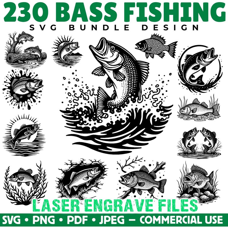 Bass Fishing Laser Engrave Files: SVG, PNG, PDF Bundle (commercial Use ...