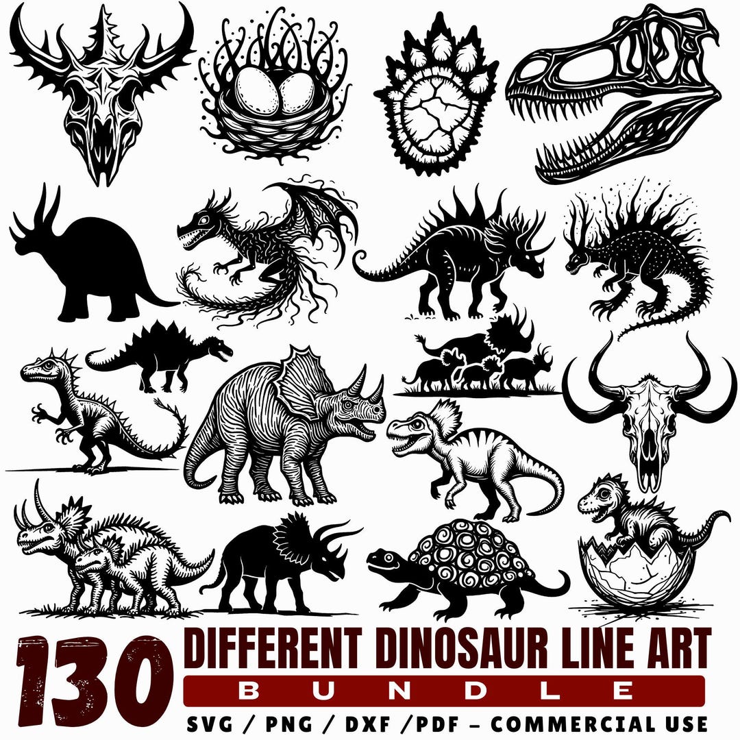 Dinosaur Line Art Bundle: Cricut Cut Files (SVG, PNG, PDF) - Etsy