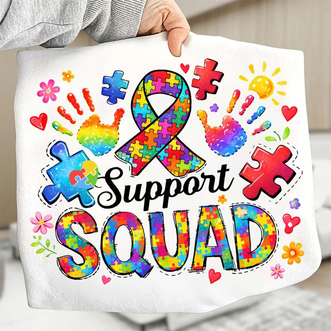 Support Squad Autism Ribbon PNG Puzzle Awareness Handprint Shirt Design ...