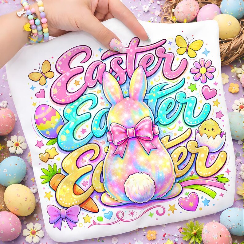 Easter Bunny PNG Hand Painted Pastel Cursive Typography Spring Clipart ...
