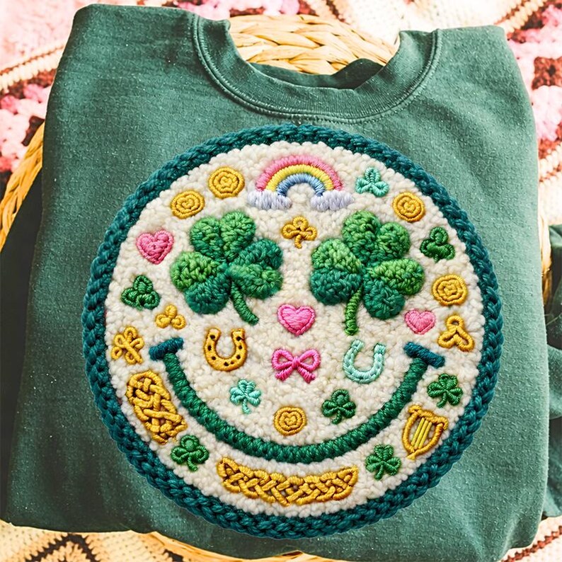 St Patrick Latch Hook Emoji PNG, Puffy Faux Yarn Smiley Face, Shamrock ...