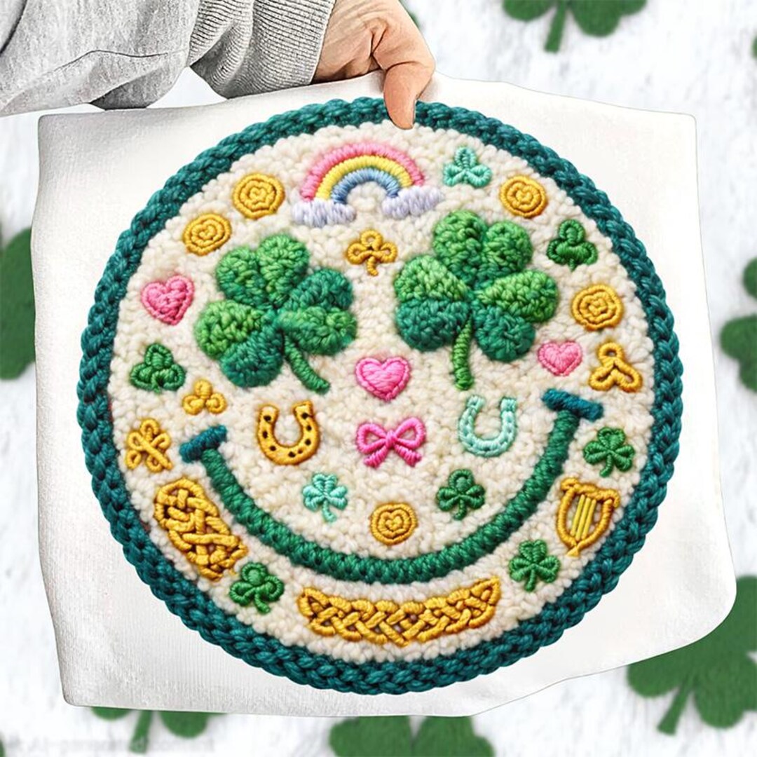 St Patrick Latch Hook Emoji PNG, Puffy Faux Yarn Smiley Face, Shamrock ...