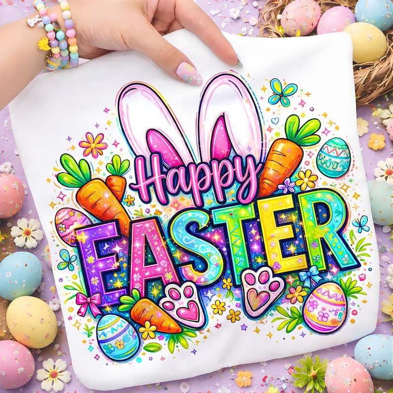 Happy Easter PNG Design, Electric Neon Bunny Ears, Colorful Glossy ...