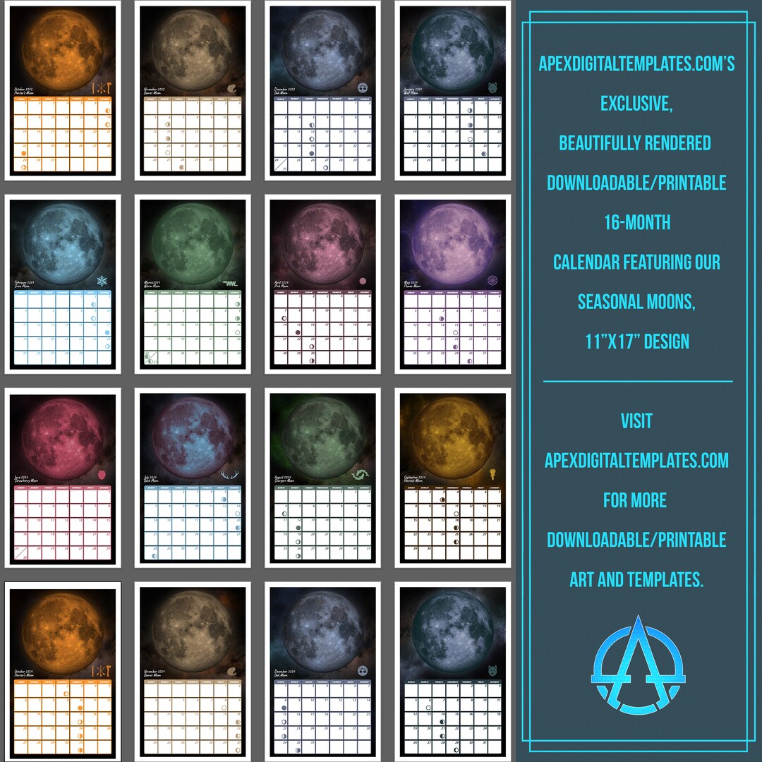 SEASONAL FULL MOON Calendar 16 Months through to Jan '25 of Beautifully ...