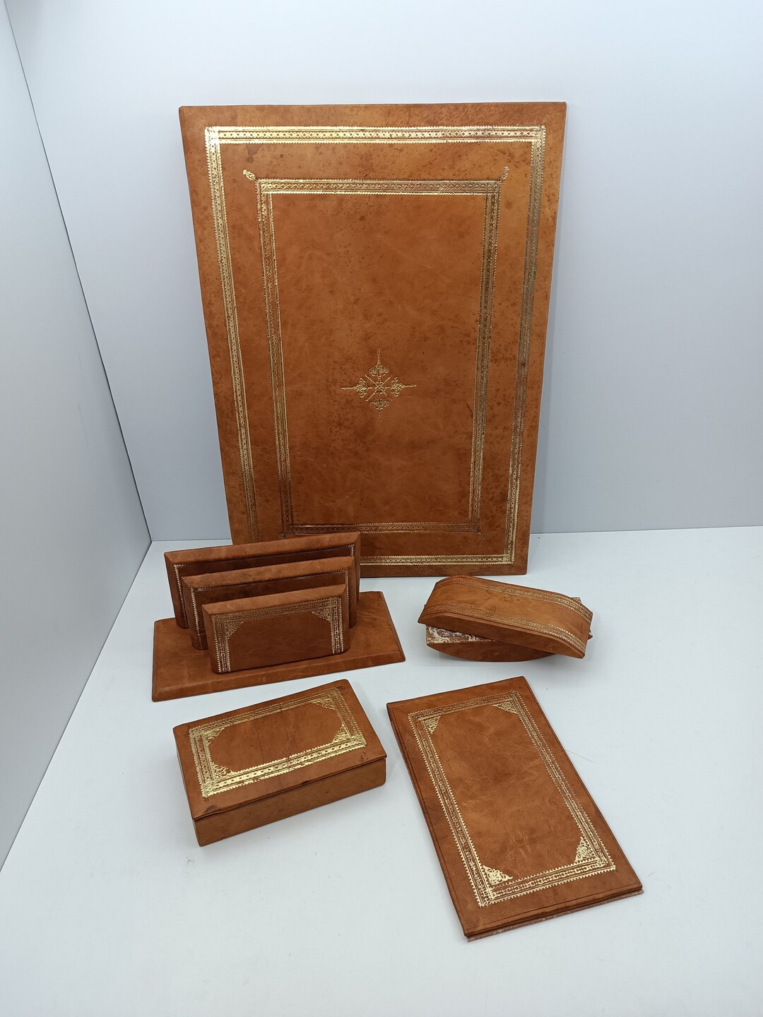 Vintage Stationary Desk European Office Set in Real Leather Blotter ...