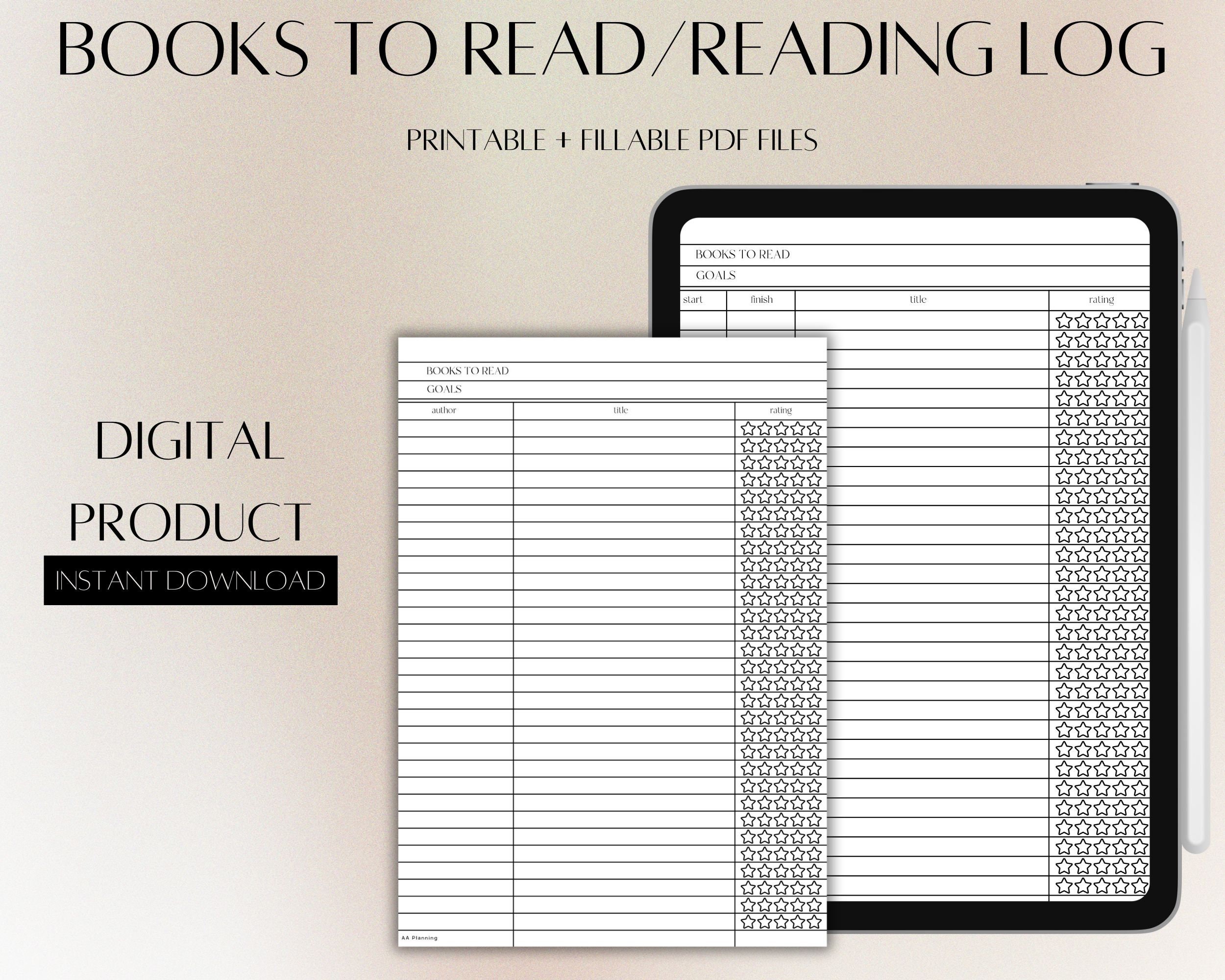 Reading Log, Books to Read List, Printable and Fillable PDF, Books Read ...