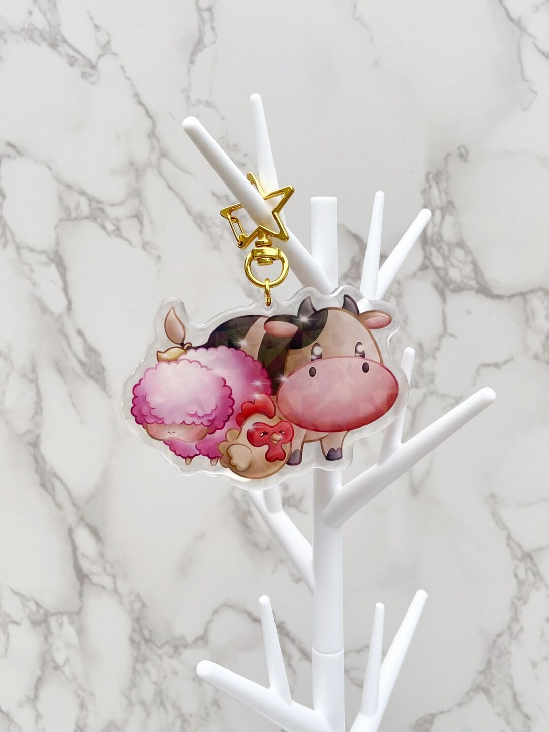 Kawaii Farm Animal Crew acrylic Glitter Epoxy Keychain Do the Dew - Etsy