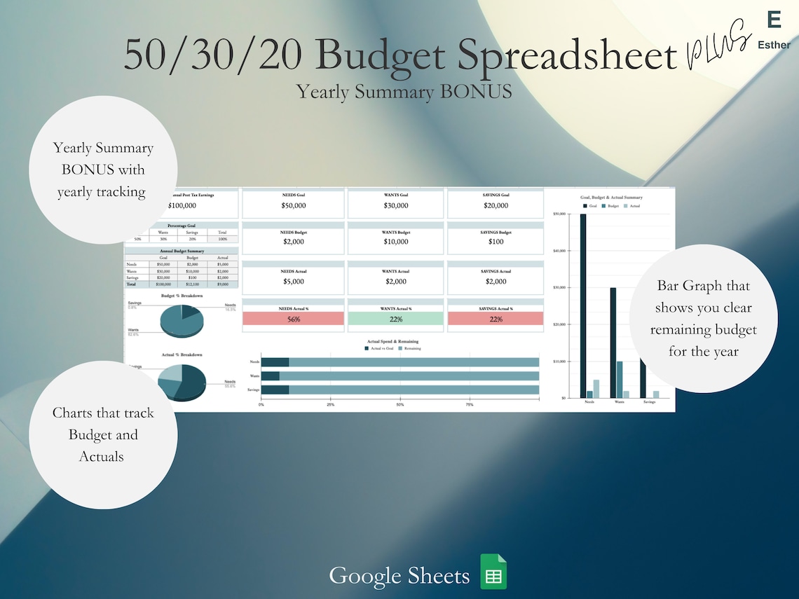 50/30/20 Budget Spreadsheet PLUS | Google Sheets | Track Needs, Wants ...