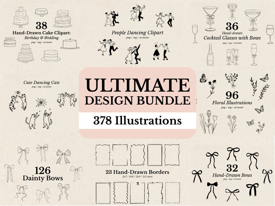 Ultimate Hand Drawn Design Bundle: 378 Illustrations for Wedding ...