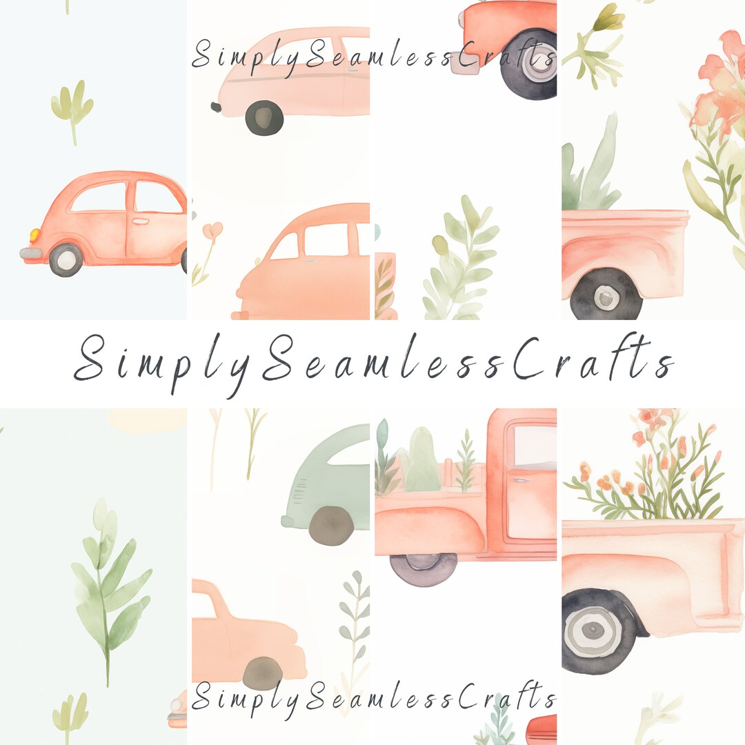 Cute Cars and Plants Patterns, Automobile Watercolor Patterns, Seamless ...