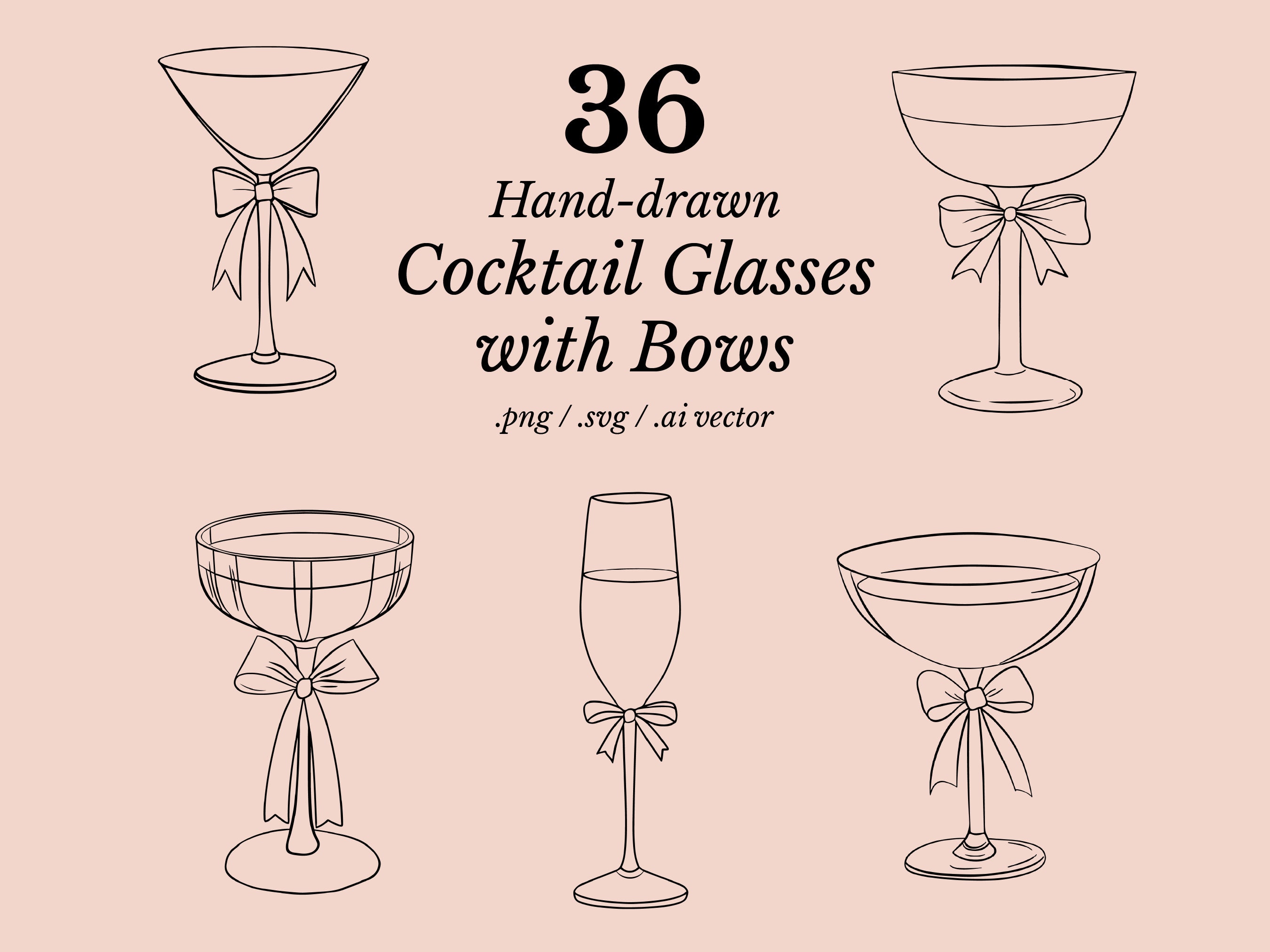 36 Hand Drawn Drinks With Bows Illustrations, Cocktail Illustrations ...