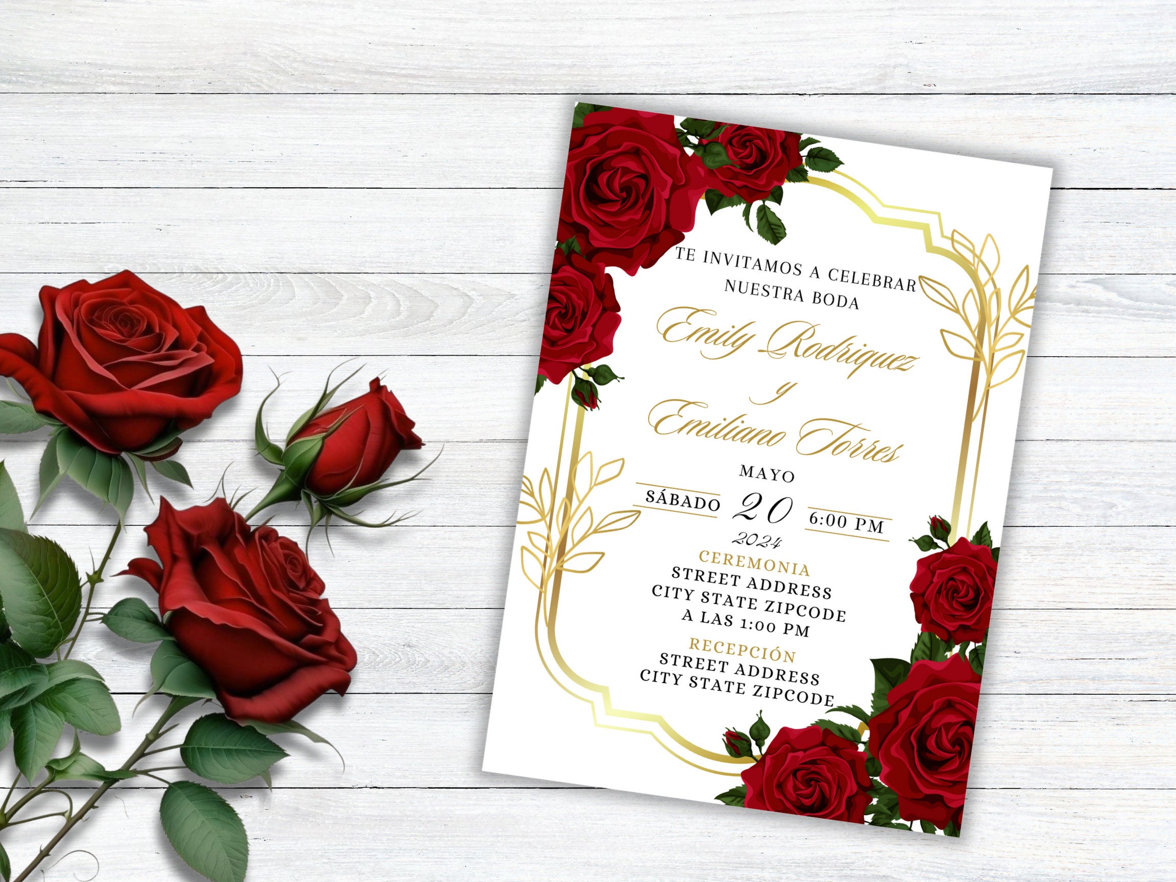 Red Roses and Gold Luxury Wedding Invitation - Etsy