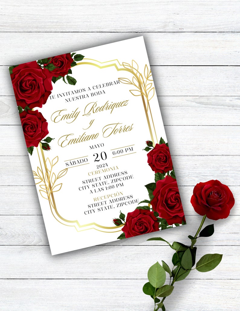 Red Roses and Gold Luxury Wedding Invitation - Etsy