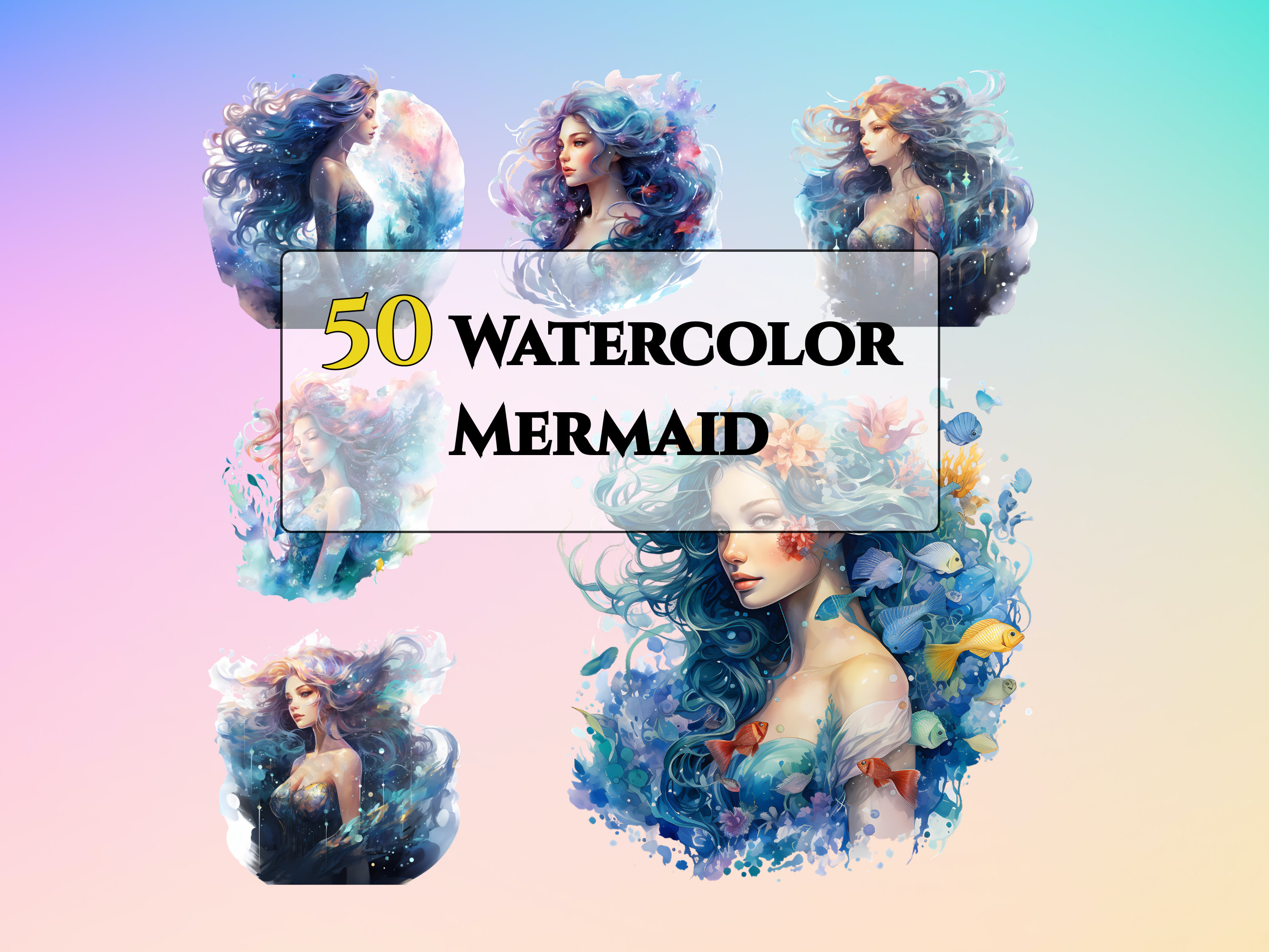 Mermaid Clipart Watercolor Little Mermaid Clipart Princess Mermaid 50 ...