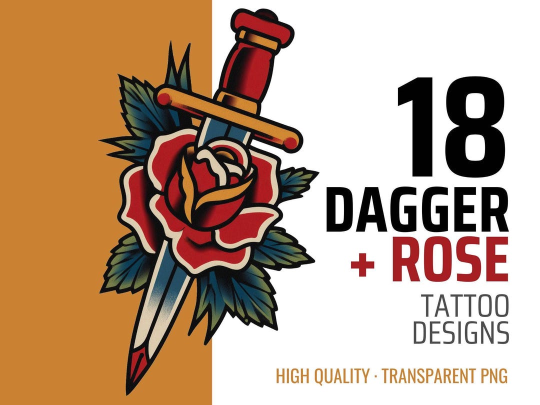 Traditional Dagger and Rose Tattoo Flash Pack – 18 Vintage Style PNG ...