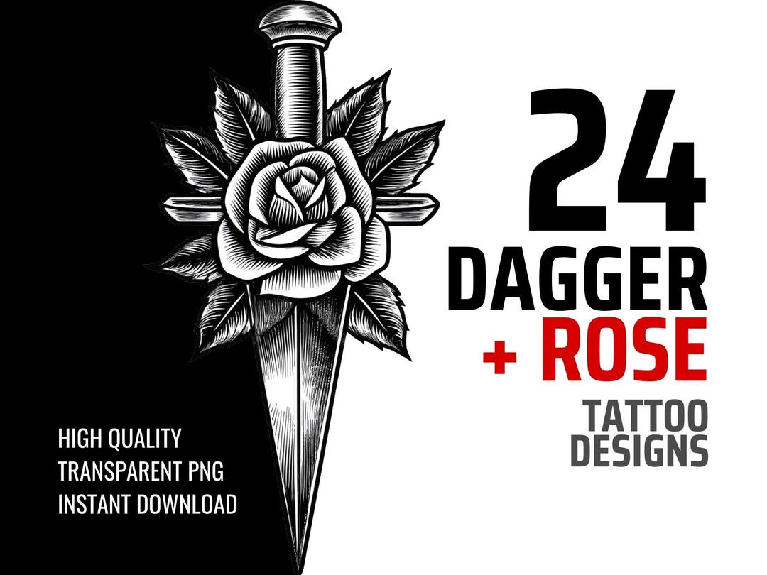 Dagger and Rose Tattoo Pack – 24 Neo-traditional Blackwork PNG Designs ...