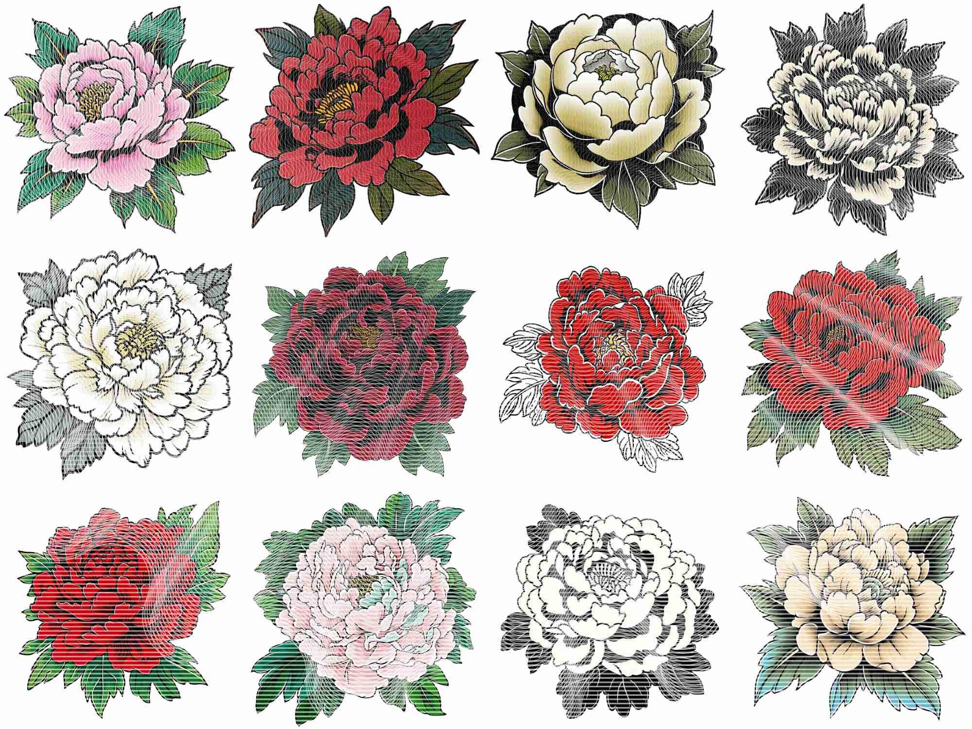 Japanese Peony Tattoo Flash Pack – 25 Traditional Irezumi Flower PNG ...