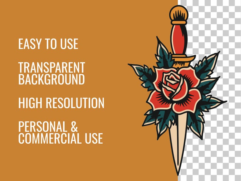 Traditional Dagger and Rose Tattoo Flash Pack – 18 Vintage Style PNG ...