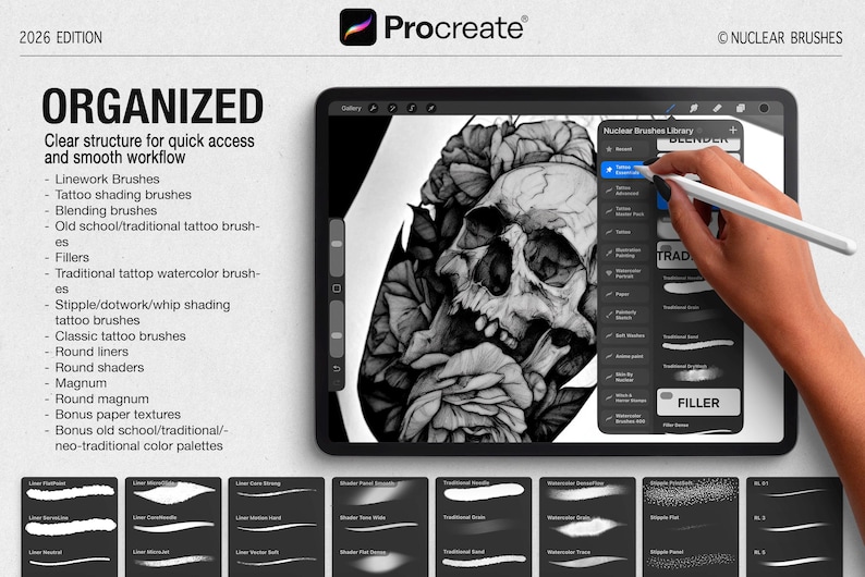Tattoo Procreate Essential Brushes - 180 Linework, Dotwork, Whip ...