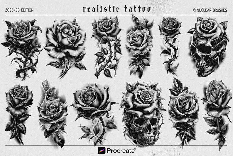 Procreate Rose Tattoo Stamps Bundle, Stencil Rose Stamps, Bonus Tattoo ...