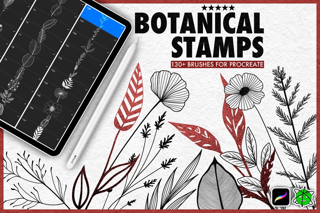 137 Botanical Stamps for Procreate + 10 Bonus Drawing Brushes, Flower ...