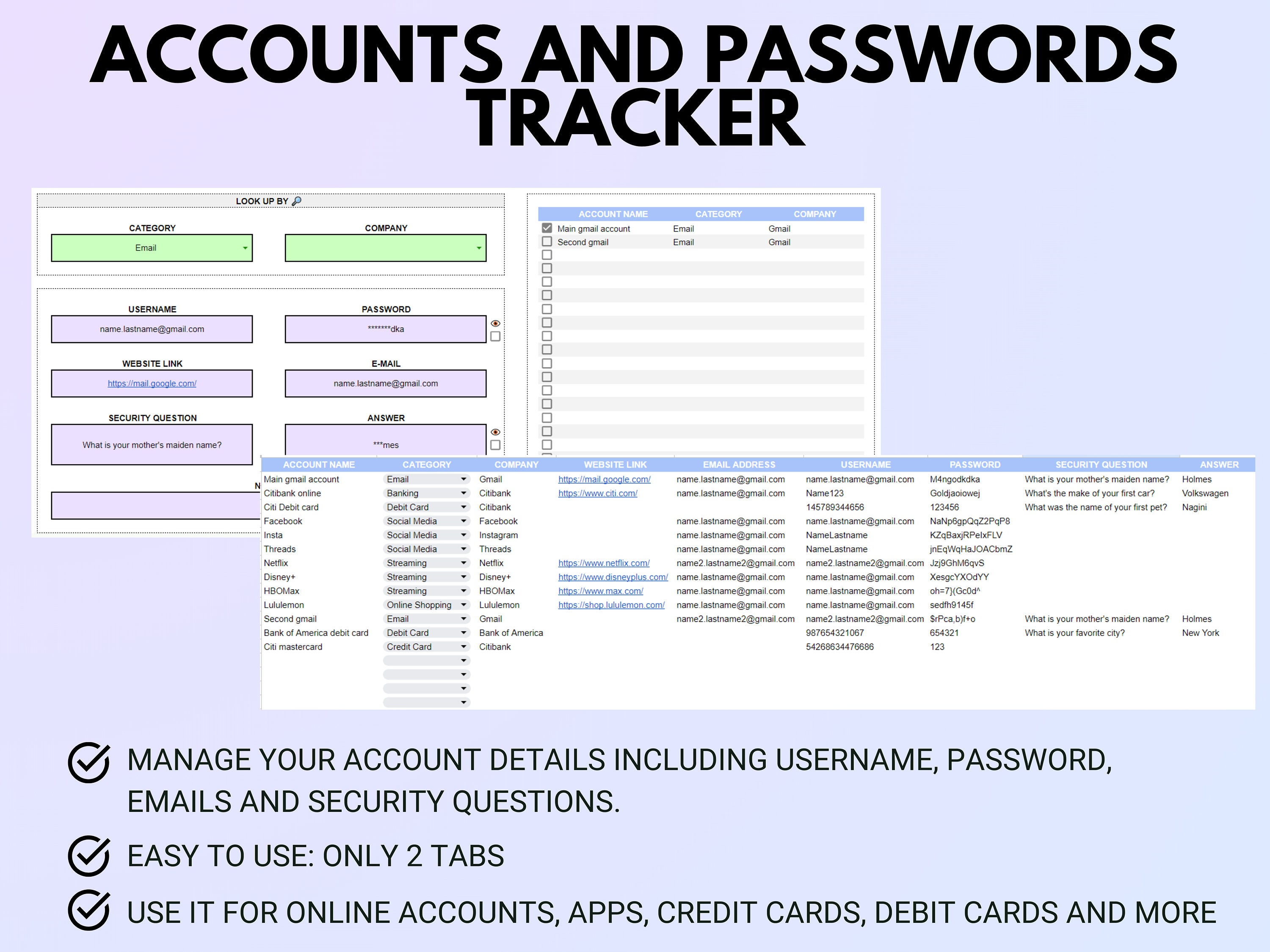 Password Tracker Excel Spreadsheet for Google Sheets Password Organizer ...